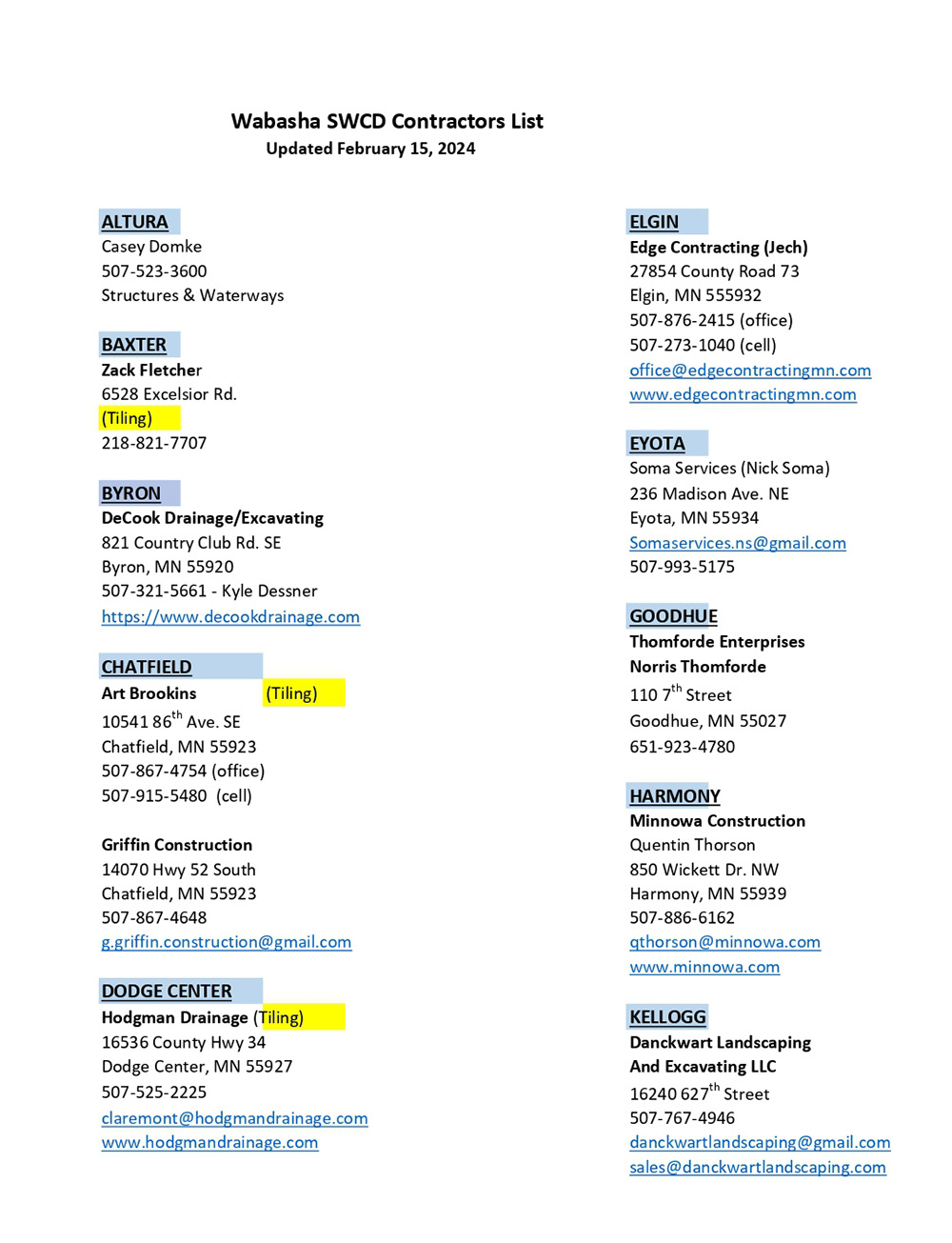 Contractors List | Wabasha Soil & Water Conservation District